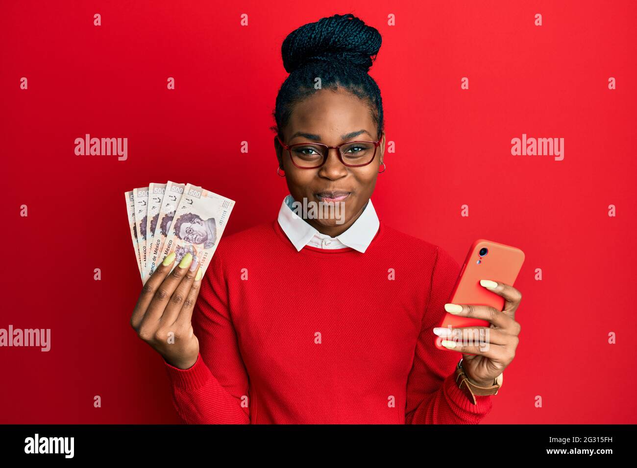 Young nerd woman texting on the phone hi-res stock photography and ...