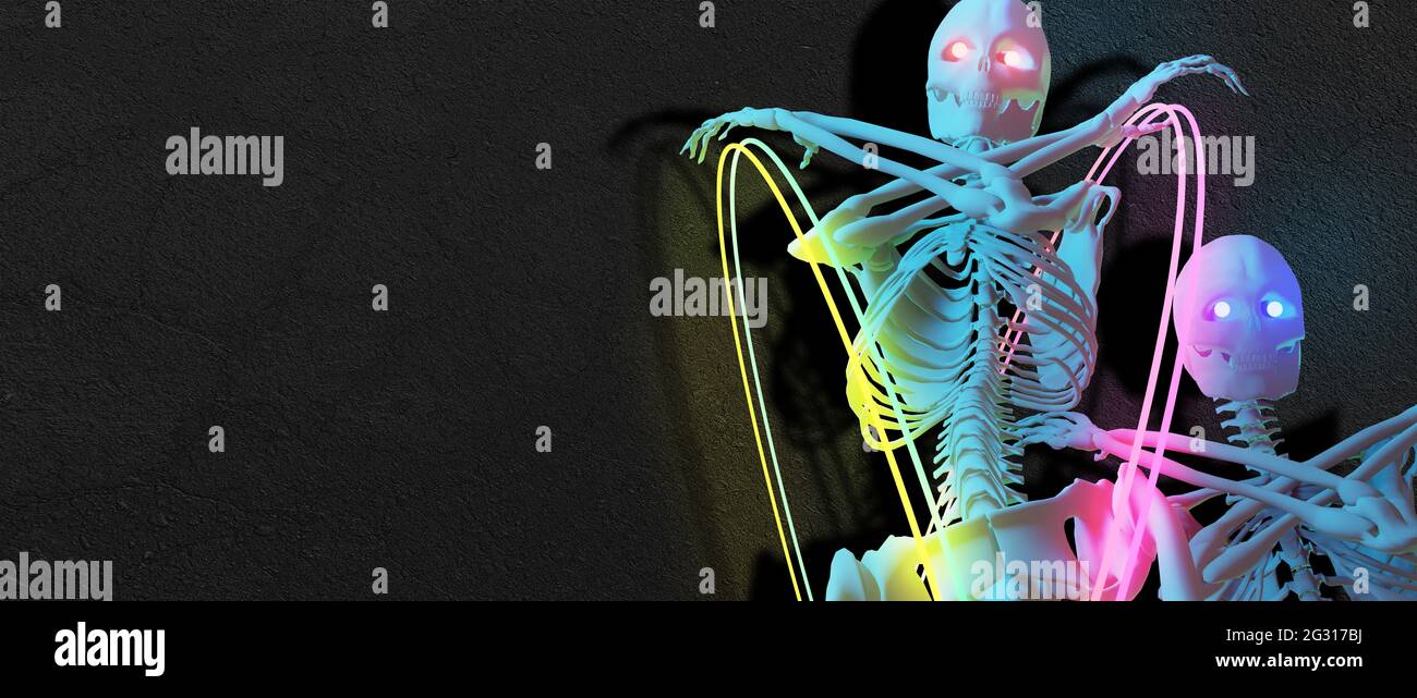 concept of a deadly attraction. two skeletons with glowing eyes on a ...