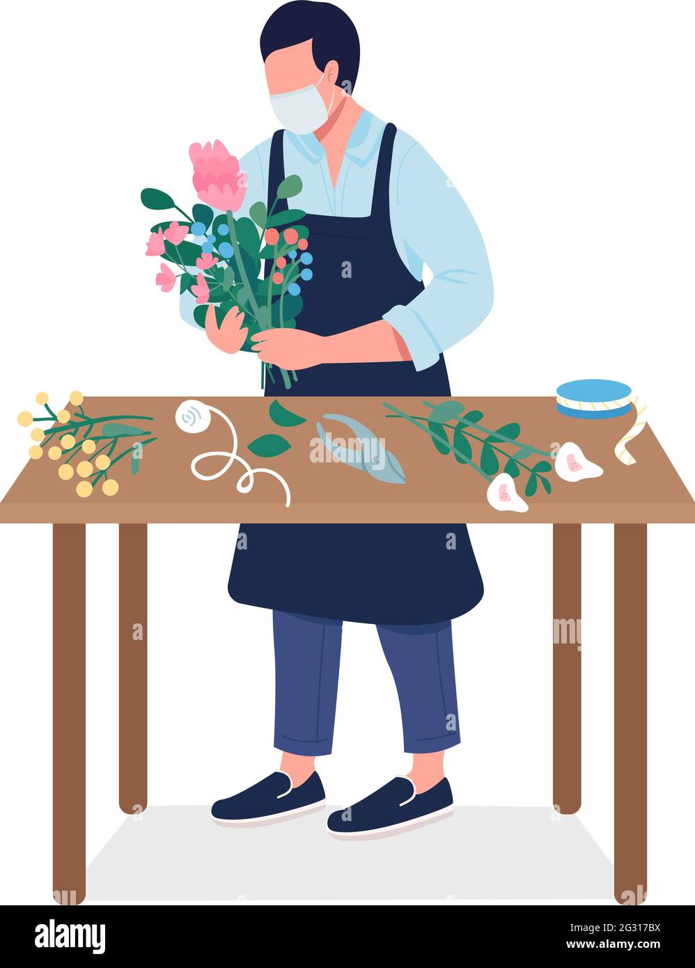 Florist with flowers in mask semi flat color vector character Stock ...