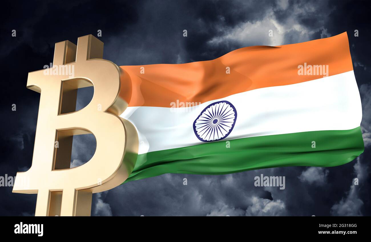Gold bitcoin cryptocurrency with a waving India flag. 3D Rendering ...