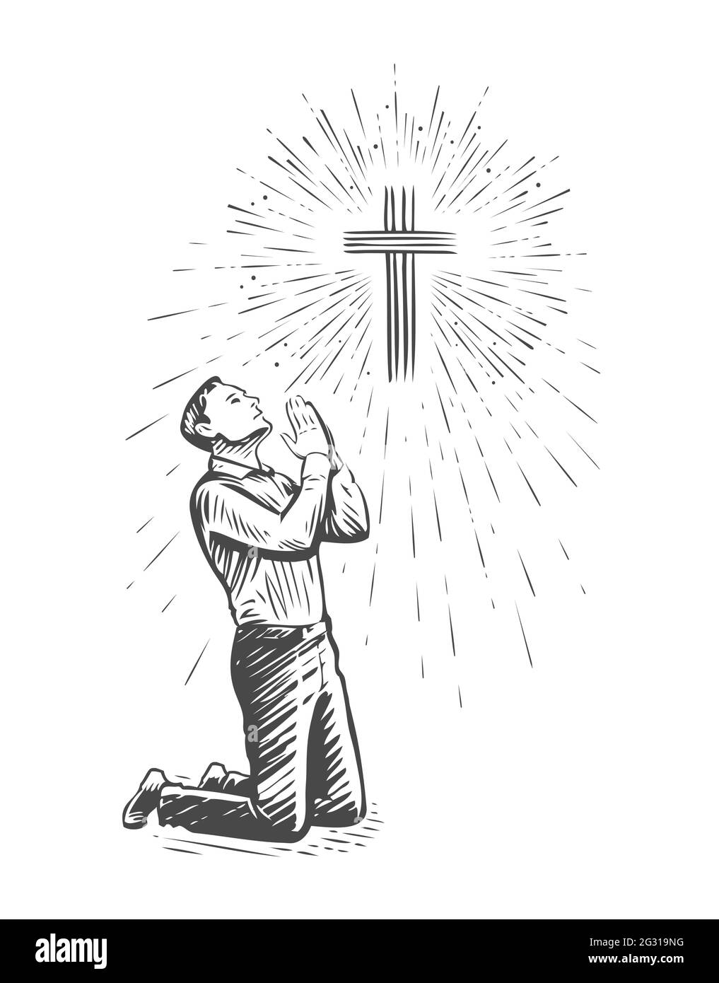 Sketch of human praying with hands folded in worship. Hand drawn vector ...