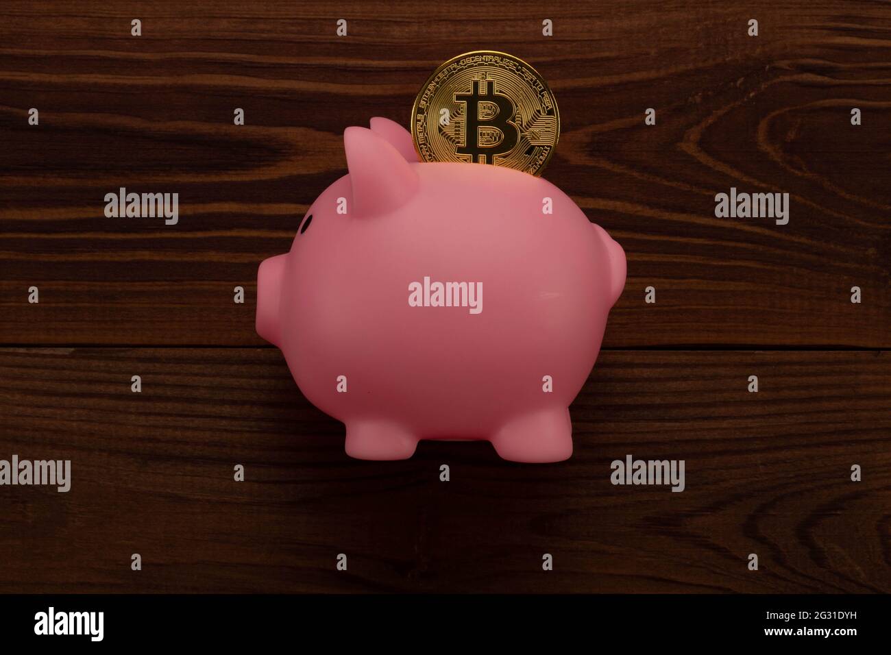 Happy cute pink plastic piggy bank with bitcoin coin inside on brown ...