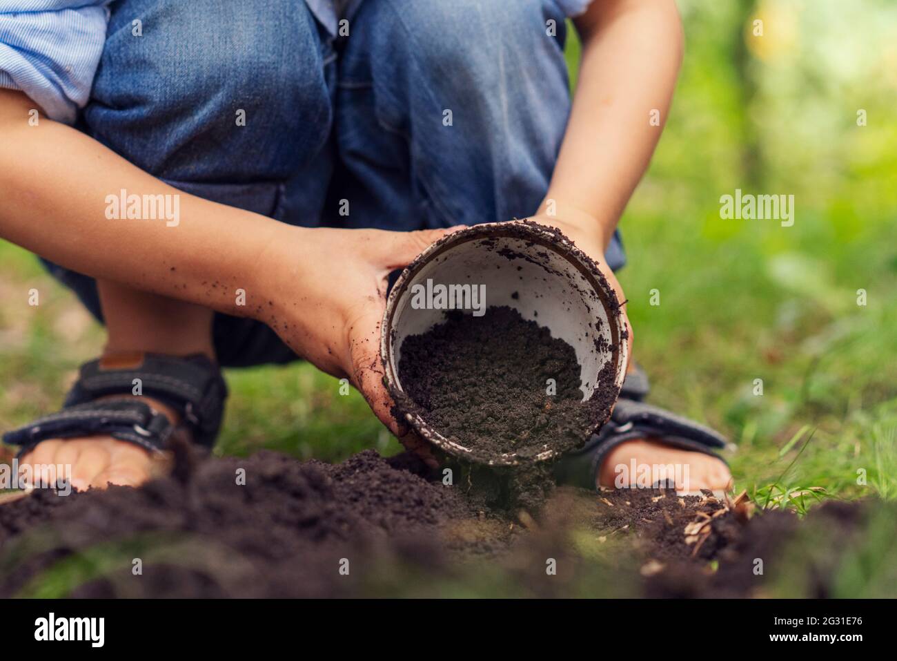 Close-up of a boy digging with a bucket in the garden for planting a ...