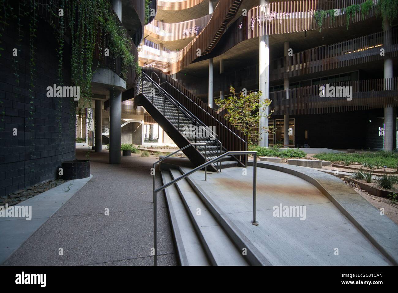A scenic view of old and rustic metal structures and staircase of a ...