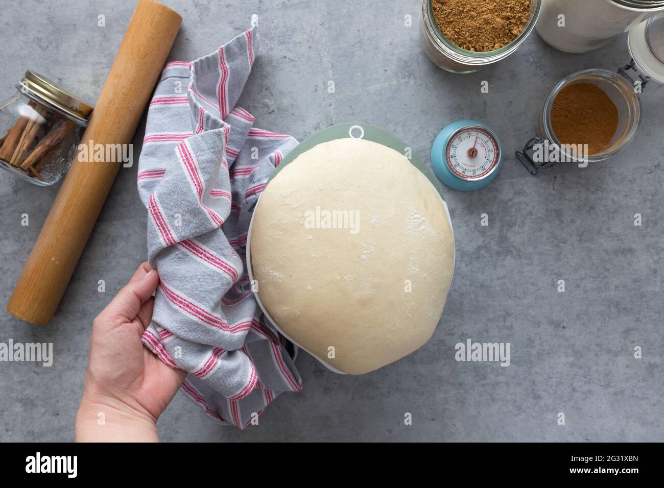 Cinnamon roll dough risen almost overflown from a bowl and ready to be ...