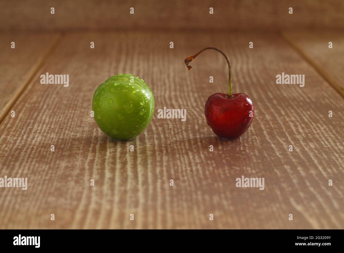 Single whole fresh green Can Erik plum and cherry close up isolated on ...