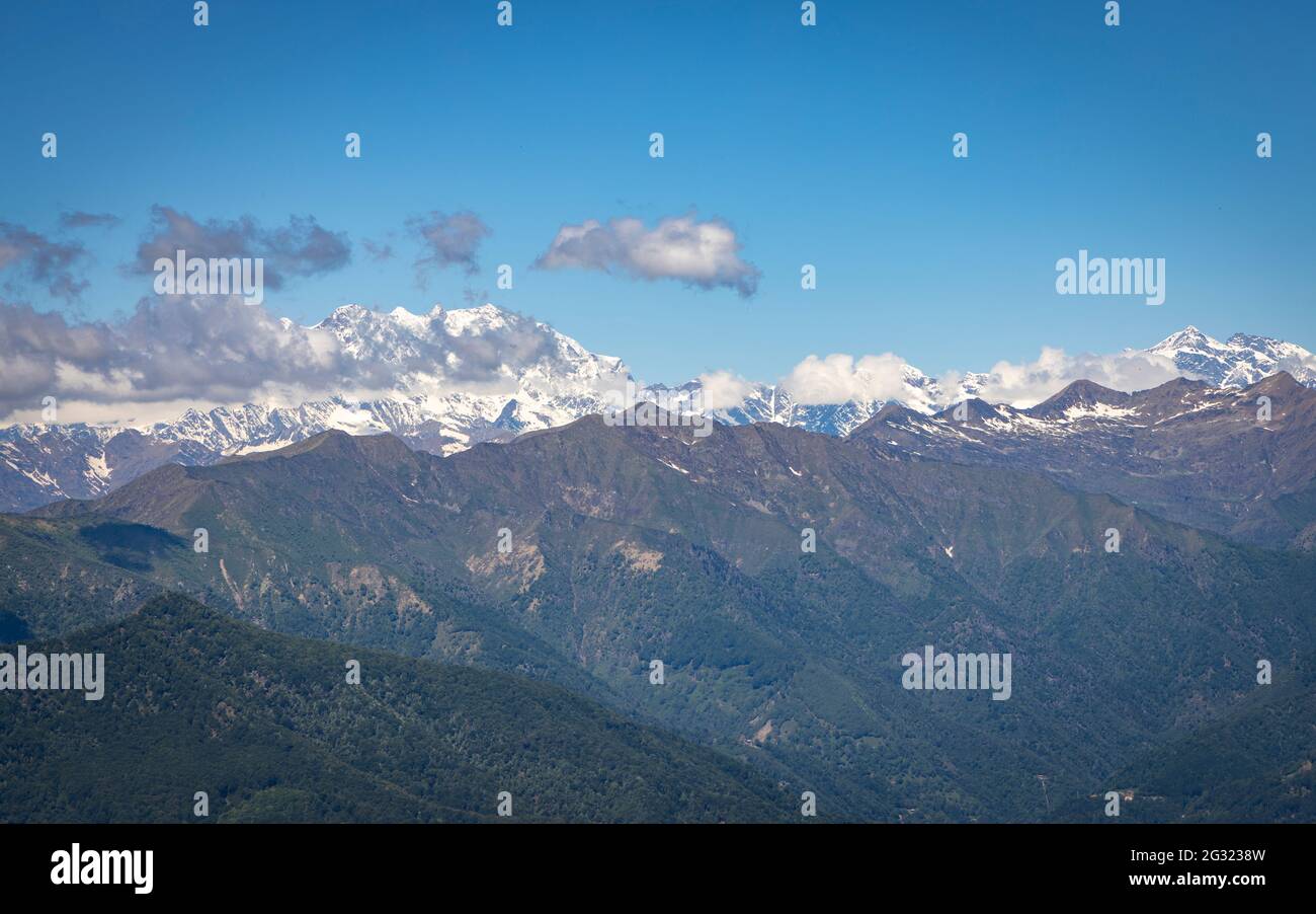 View to very high mountains from Mount Mottarone over the Lago Maggiore ...