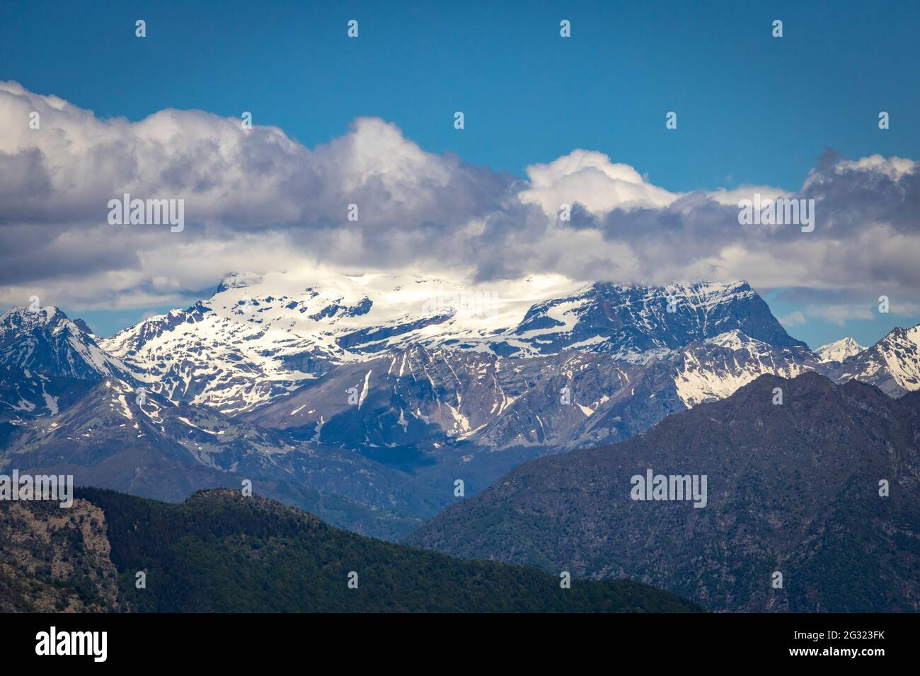 View to very high mountains from Mount Mottarone over the Lago Maggiore ...