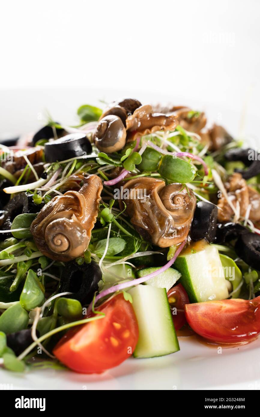 Green salad with escargot grape snails on white background. French ...