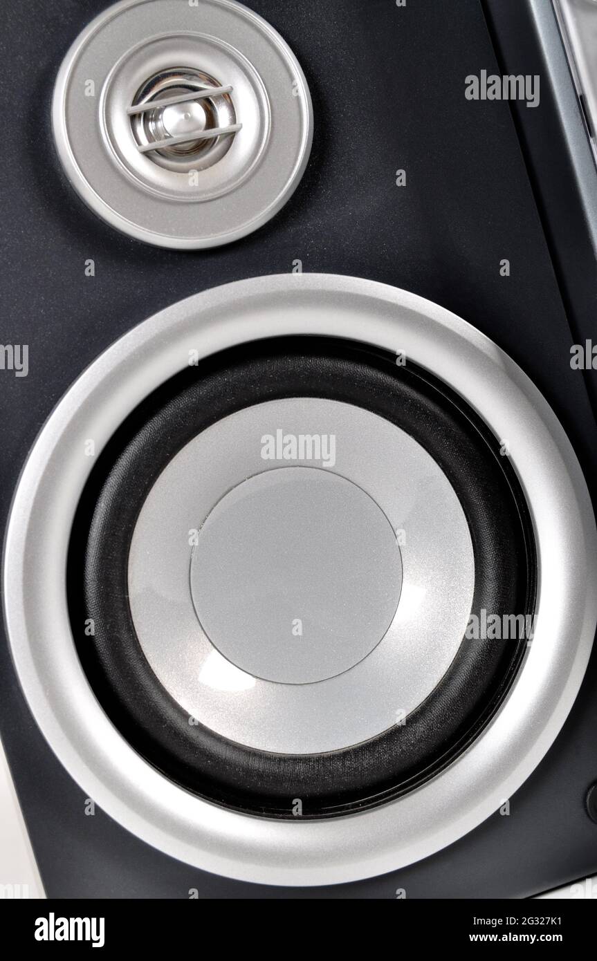 Powerful speakers of an old stereo, gray stereo sound system Stock ...