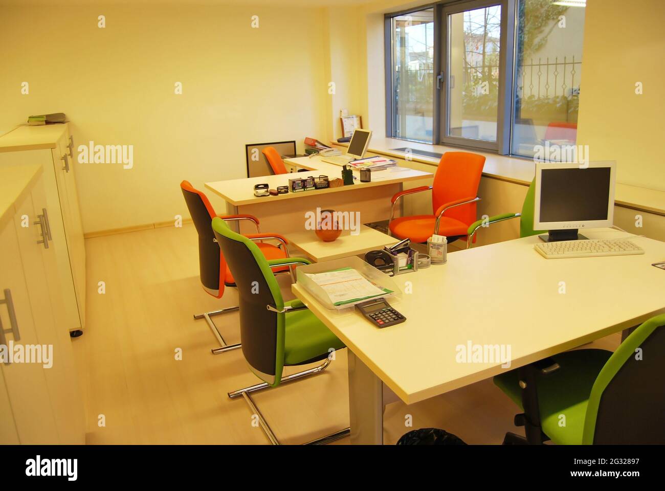 Modern and empty office, tables and chairs in the workplace, office ...