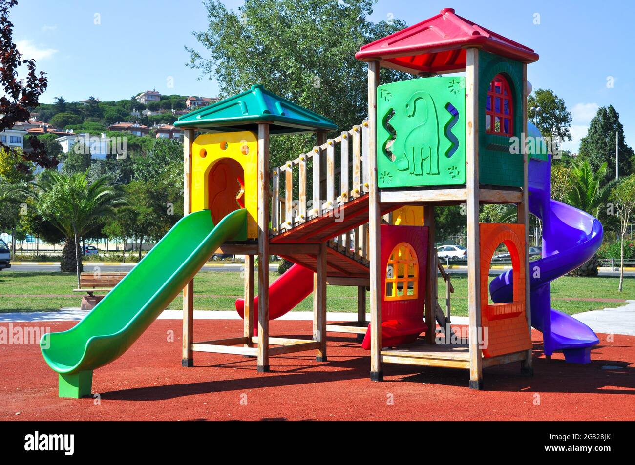 Colorful playground and equipment in the public safe park Stock Photo ...