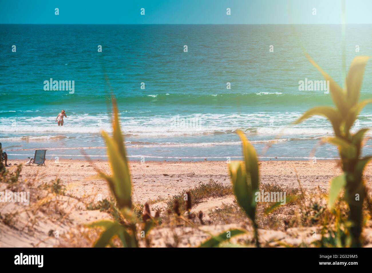 La Barrosa beach, in Chiclana de la Frontera, a tourist town in the ...