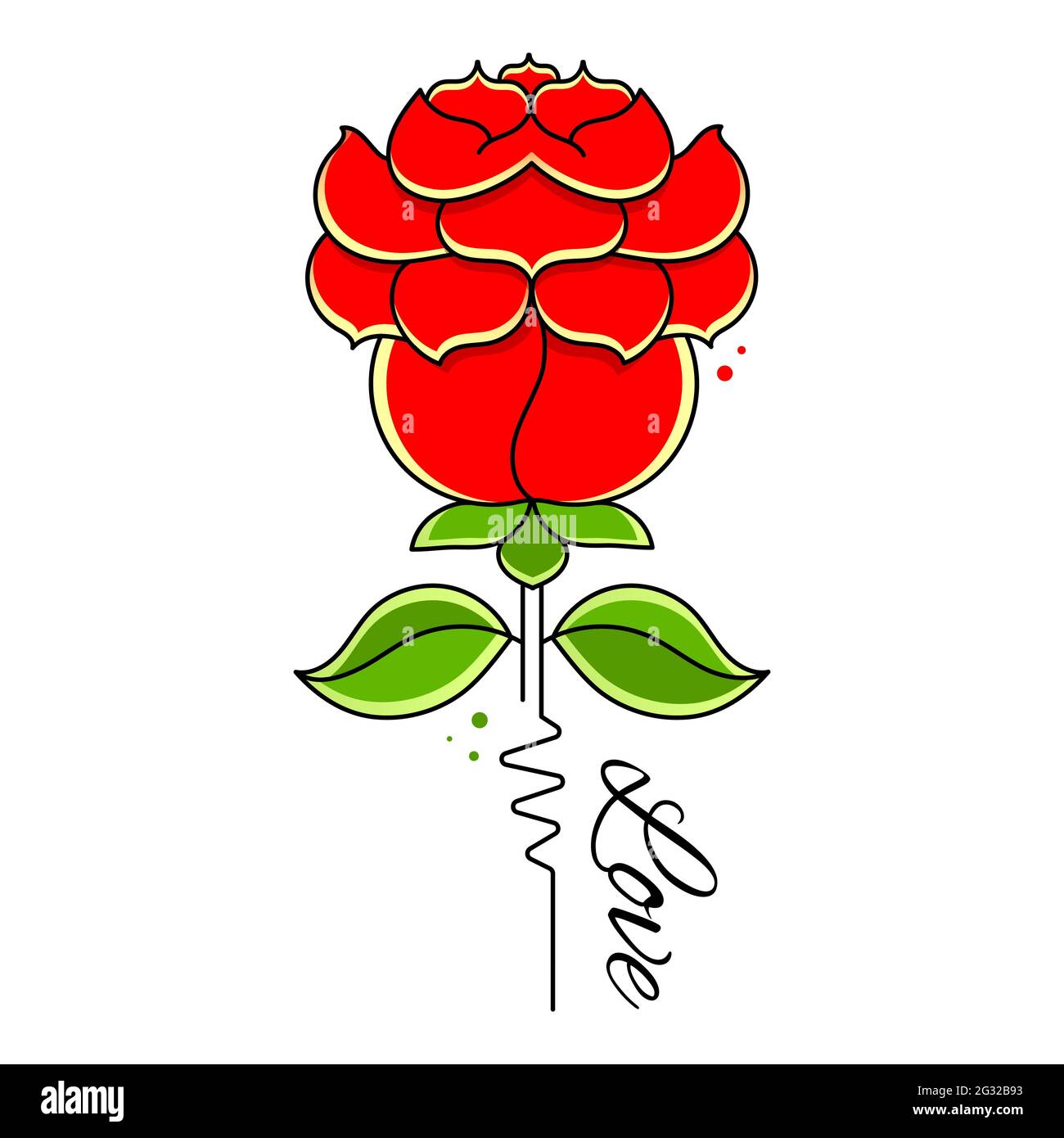 Deep red, ruby rose flower with green leaves, sketch style vector ...