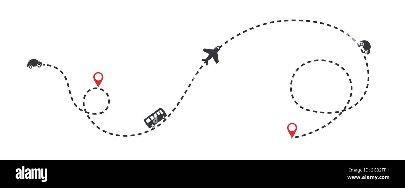 World map whit dashed trace line and airplanes flying, bus driving ...