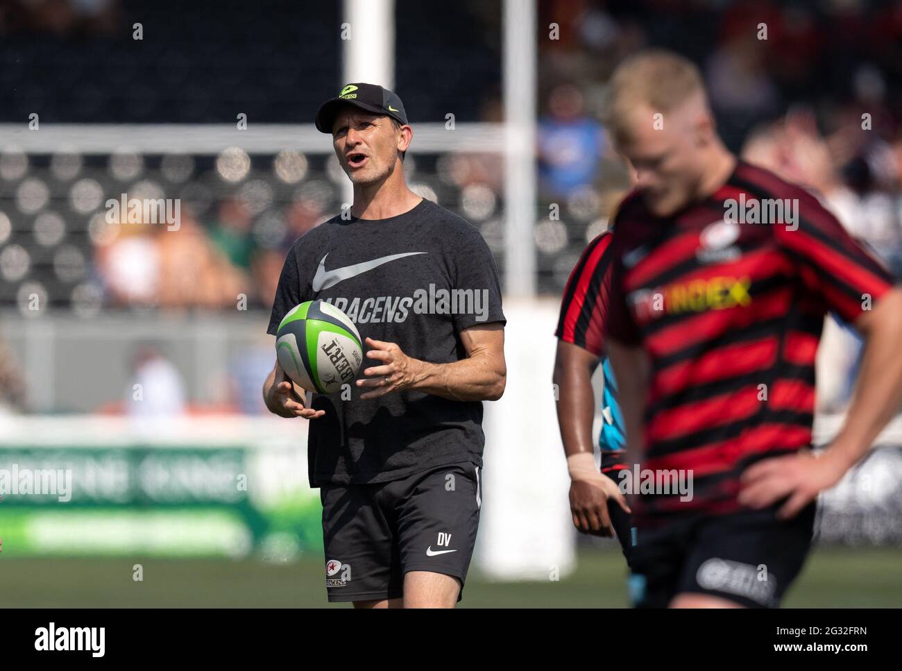 Castle Bar, West Ealing, England on 13 June 2021. Saracens kicking ...