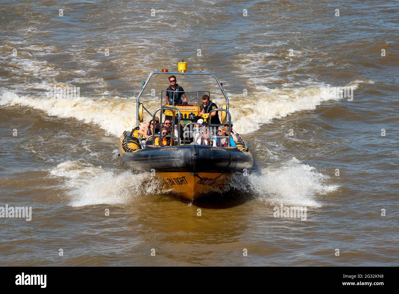 London, UK. 13th June, 2021. People enjoy a tour on a Thames RIB ...