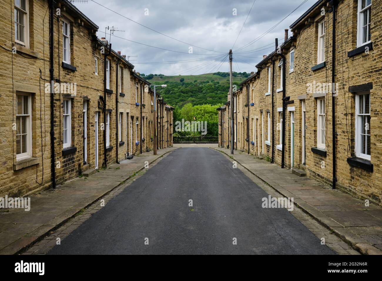 Herbert Street with no cars or people, a street in Saltaire Village a ...
