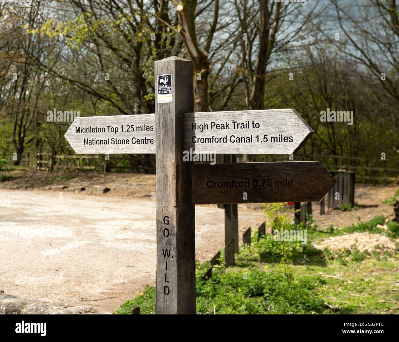 Wooden sign post showing places and distances in the Derbyshire Peak ...