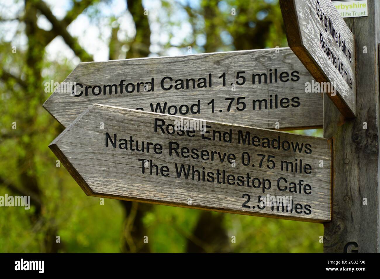 Wooden sign post showing places and distances in the Derbyshire Peak ...