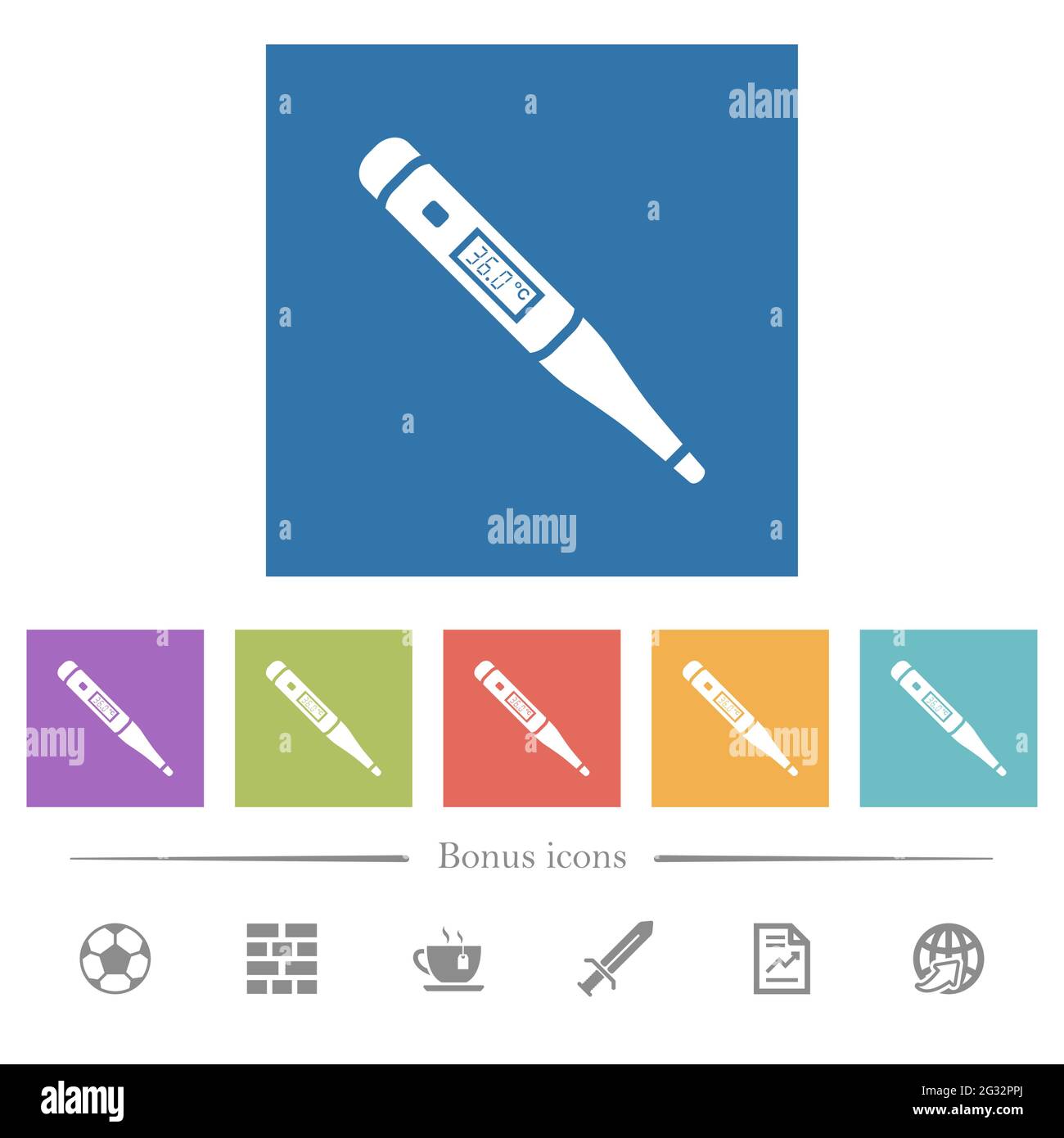Digital thermometer flat white icons in square backgrounds. 6 bonus ...