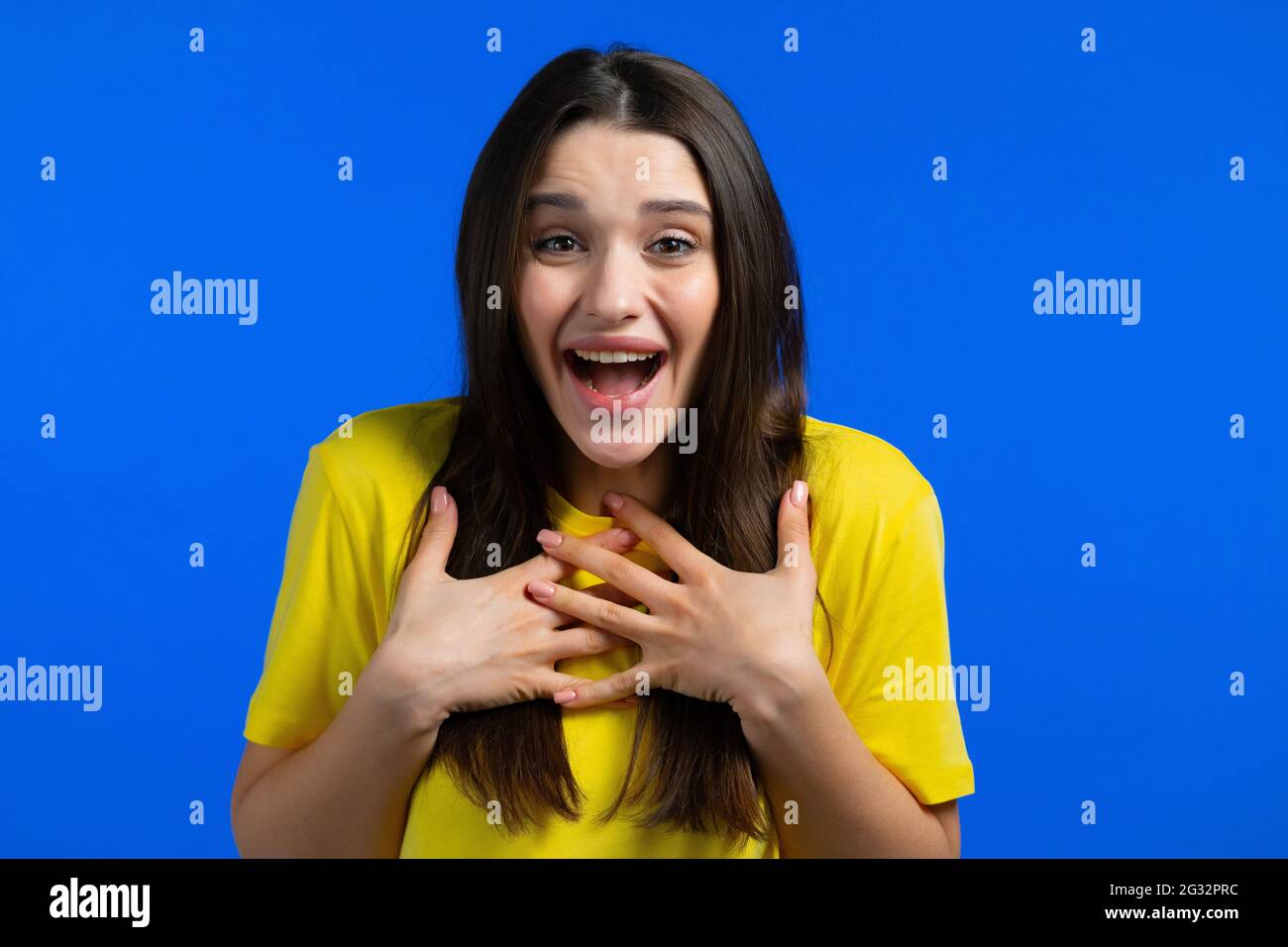 Pretty woman is surprised she screaming loud. Concept of sales ...