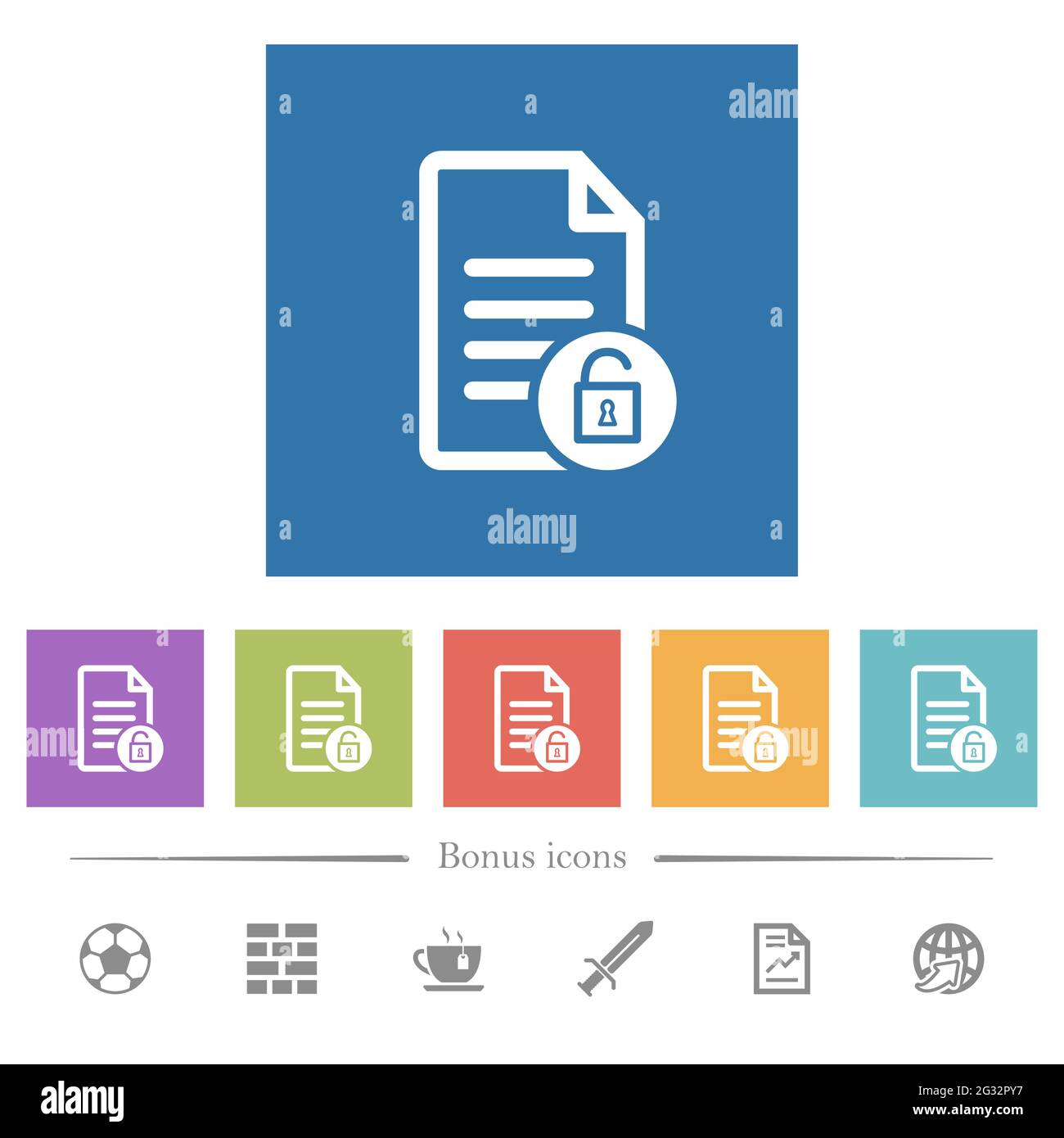 Unlock document flat white icons in square backgrounds. 6 bonus icons ...