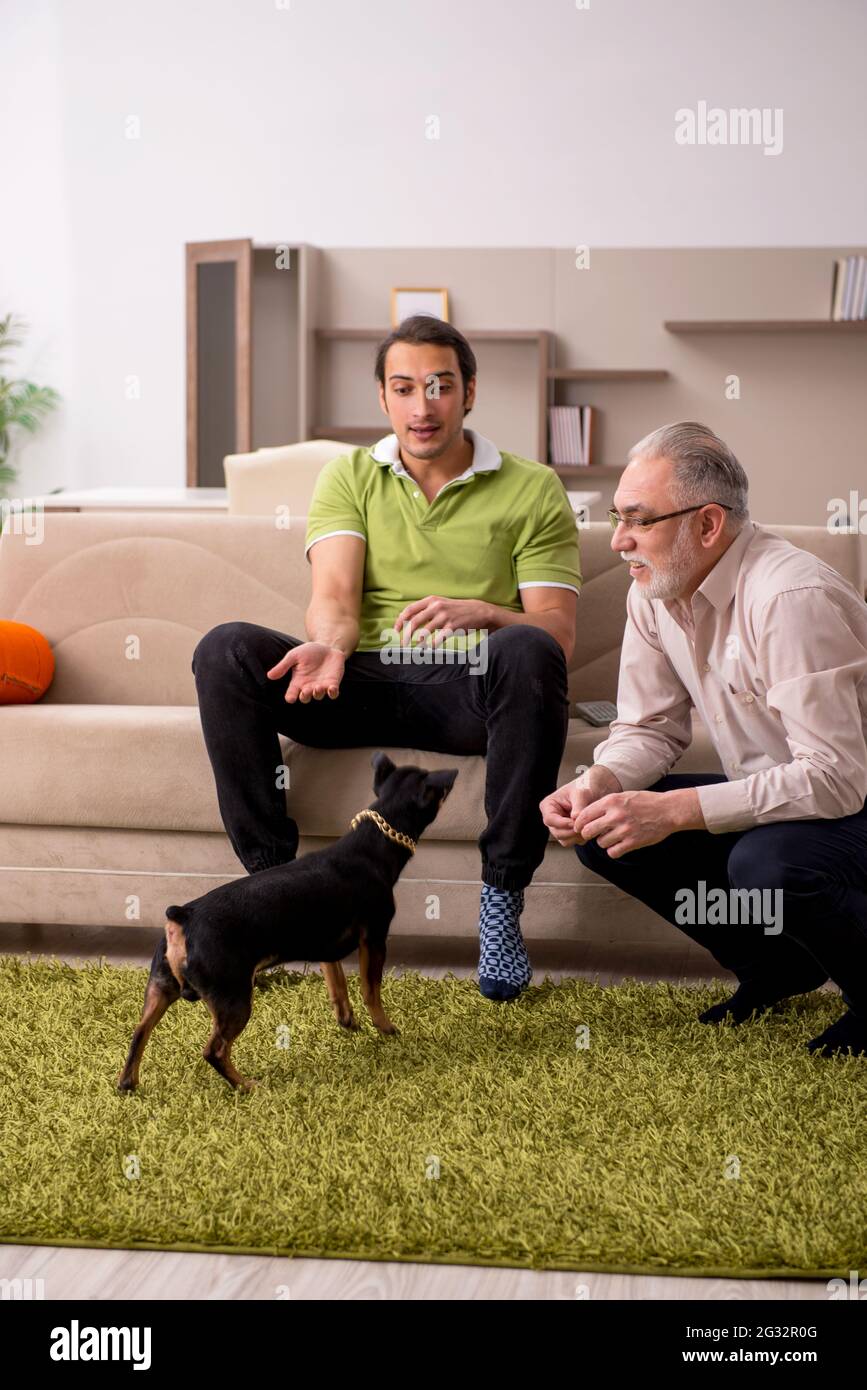 Two men with dog in the room Stock Photo - Alamy