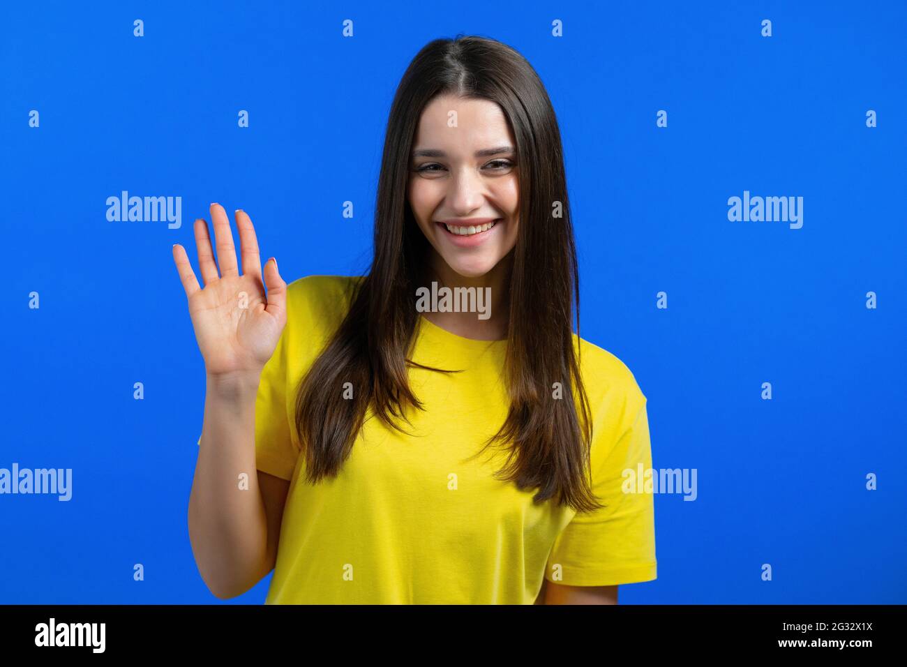 Friendly woman waving hand - goodbye, chao, adios. Parting, say bye to ...
