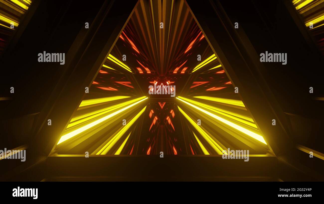 A 3D rendering of geometric shapes with bright glowing colorful lights ...