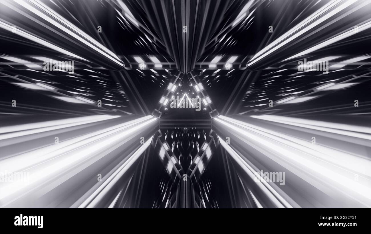 A grayscale 3D rendering of geometric shapes and bright neon lights ...