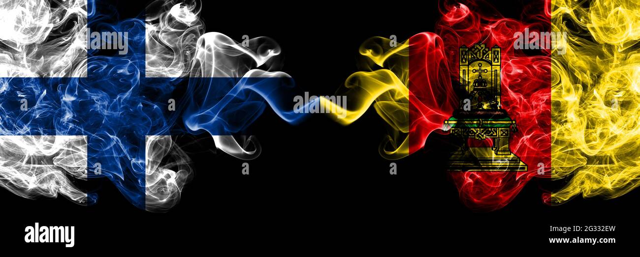 Finland, Finnish vs Russia, Russian, Tver Oblast smoky flags side by side Stock Photo - Alamy