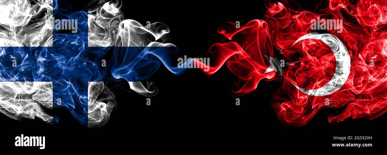 Finland, Finnish vs Turkey, Turkish, Turk smoky flags side by side ...
