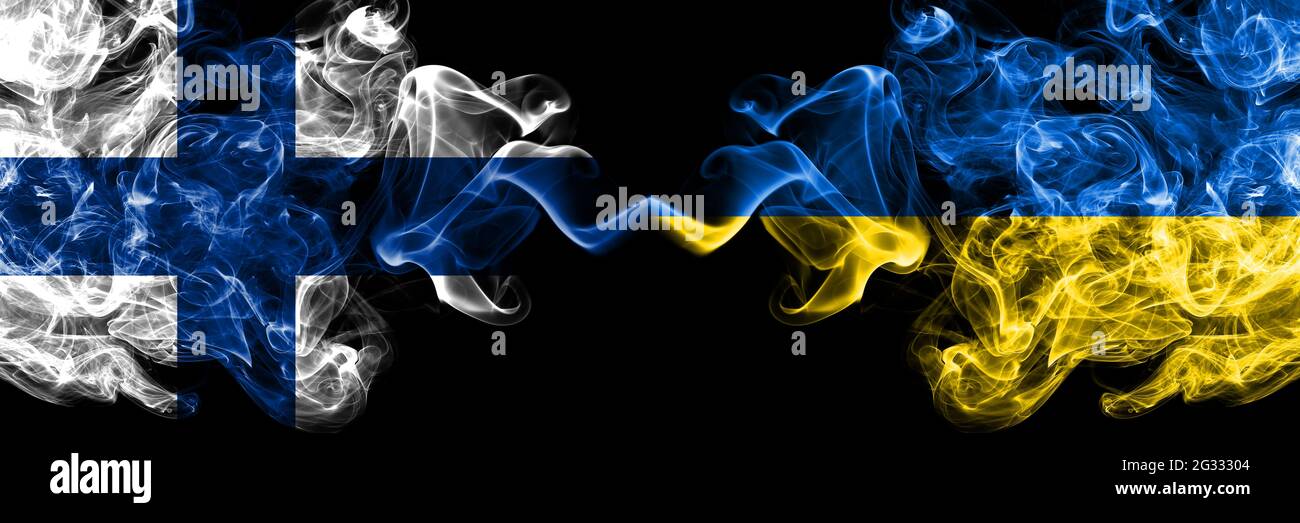 Finland, Finnish vs Ukraine, Ukrainian smoky flags side by side Stock ...