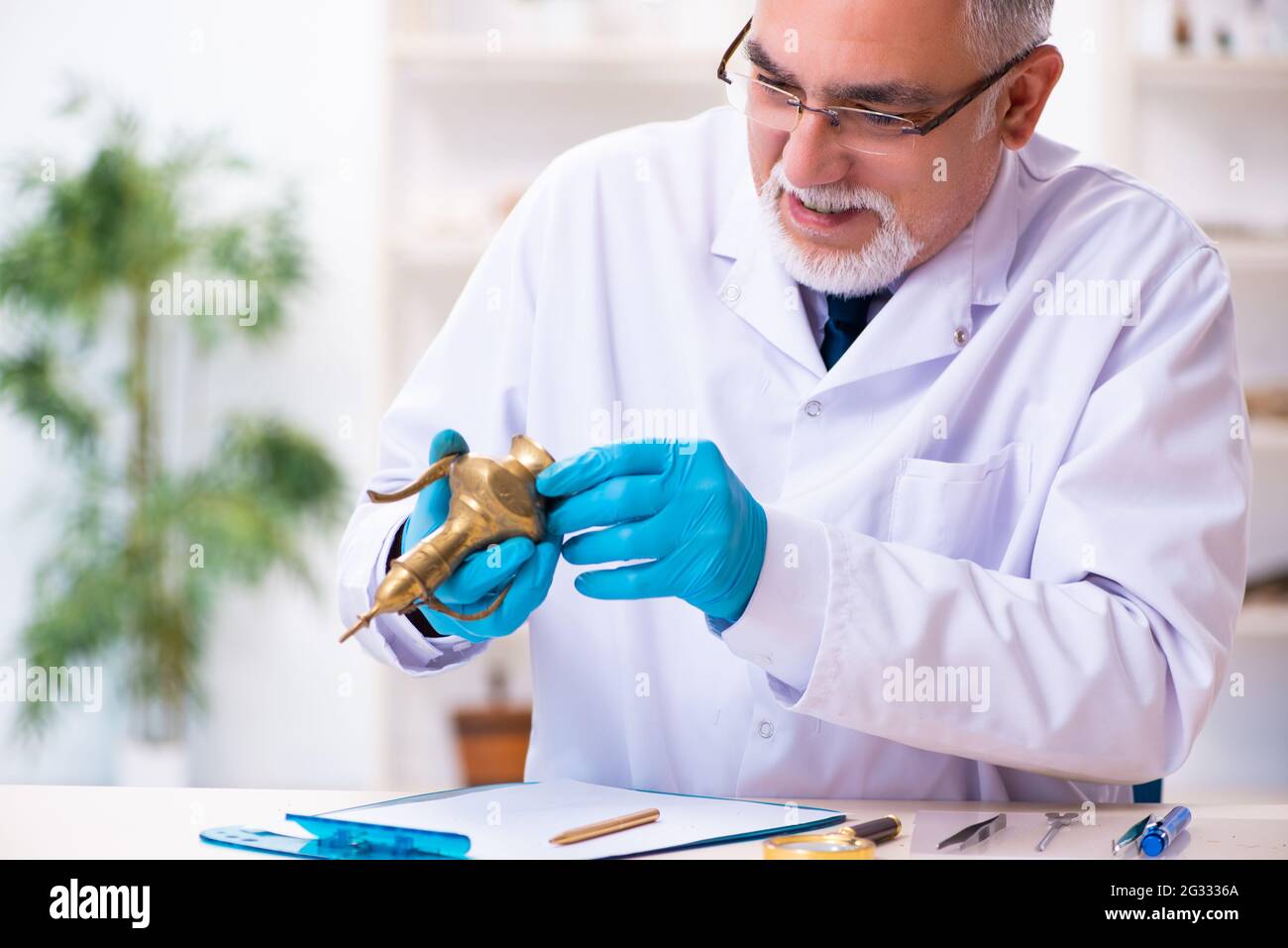 Old male archaeologist working in the lab Stock Photo - Alamy