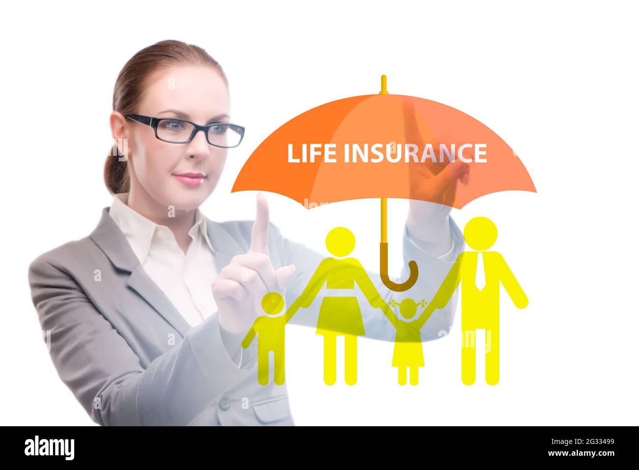 Life insurance concept with the businesswoman pressing button Stock ...