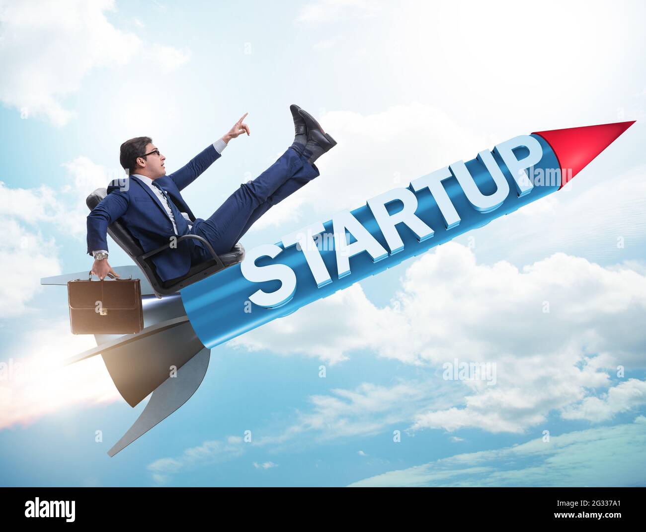 The businessman in start-up concept flying on rocket Stock Photo - Alamy