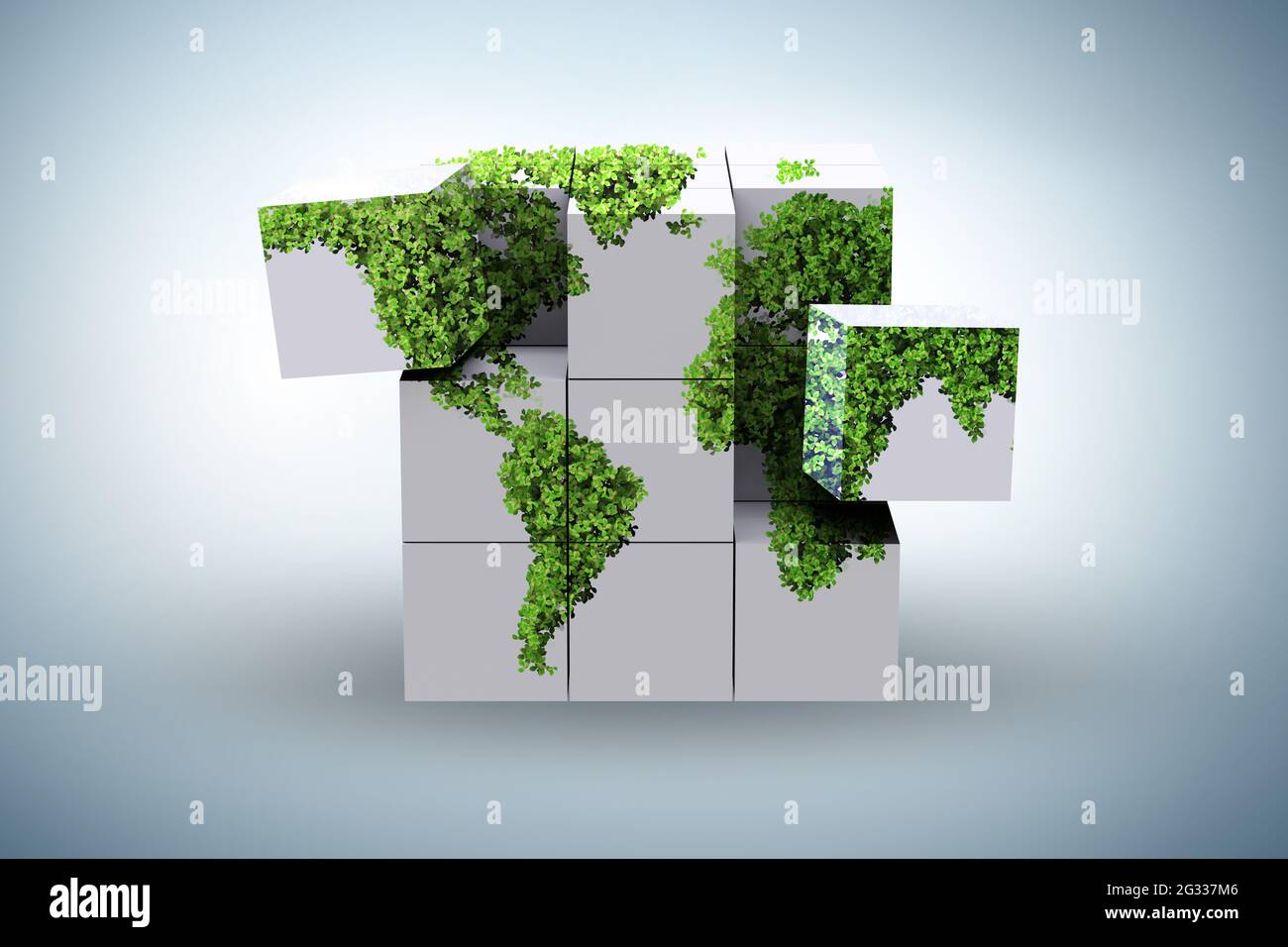 World map on the cube in the green environment concept - 3d rendering ...