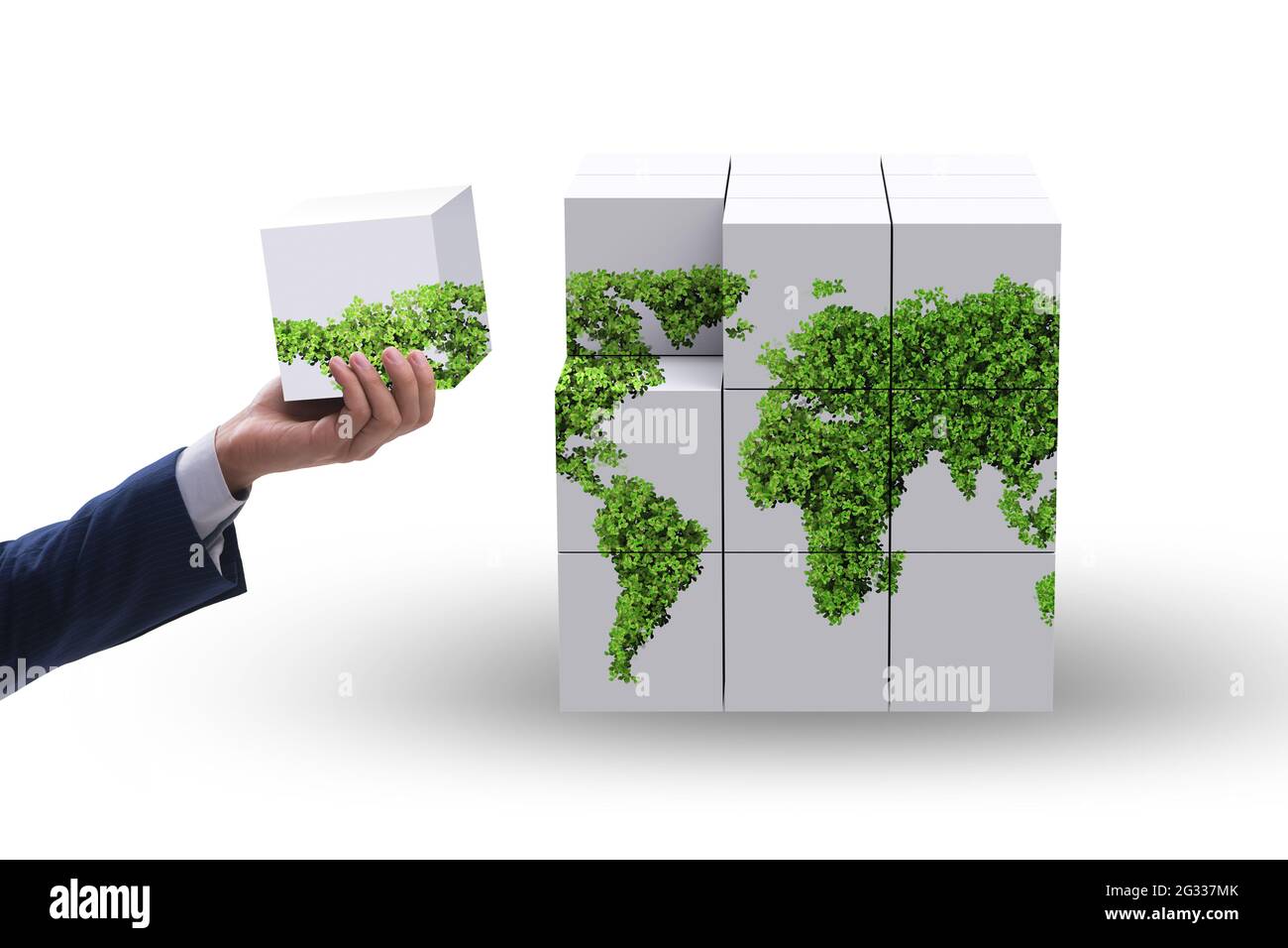 Businessman building world map from the cubes Stock Photo - Alamy
