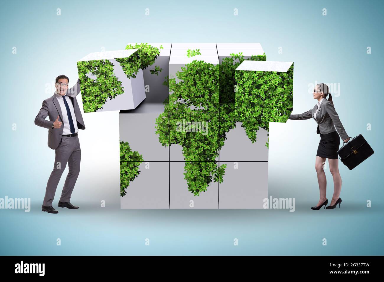 Business people building world map from the cubes Stock Photo - Alamy