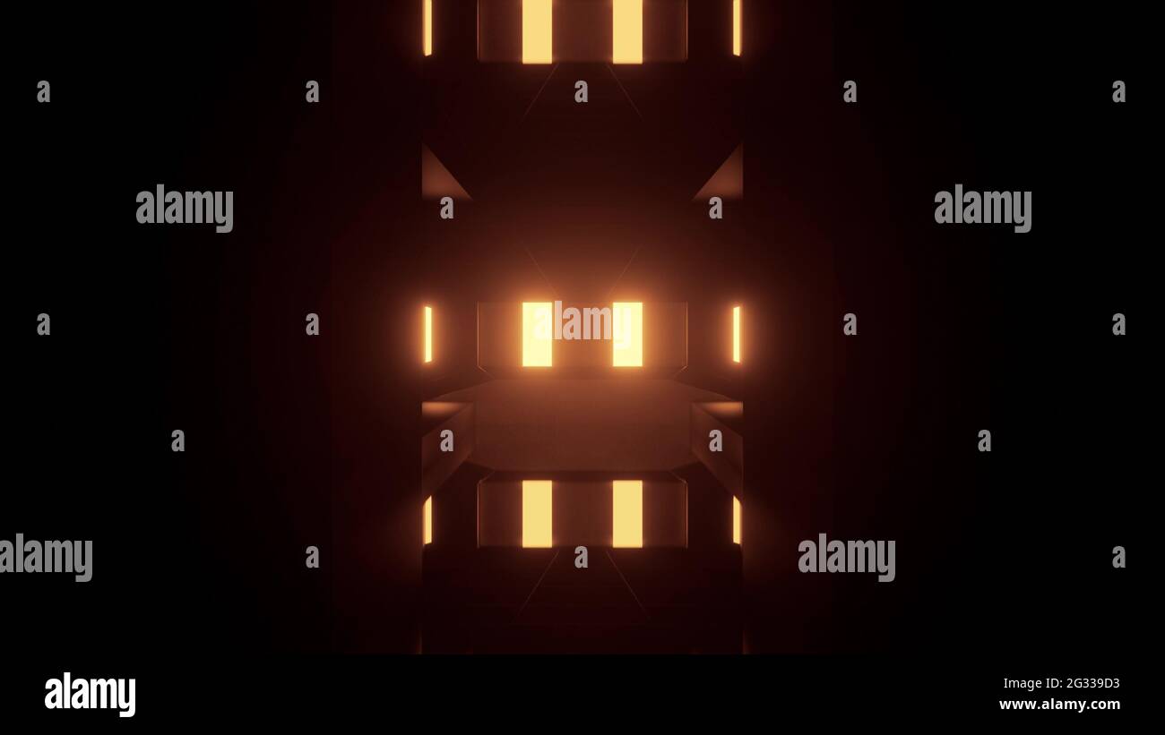 A 3D rendering of geometric shapes and brown led lights against a dark ...
