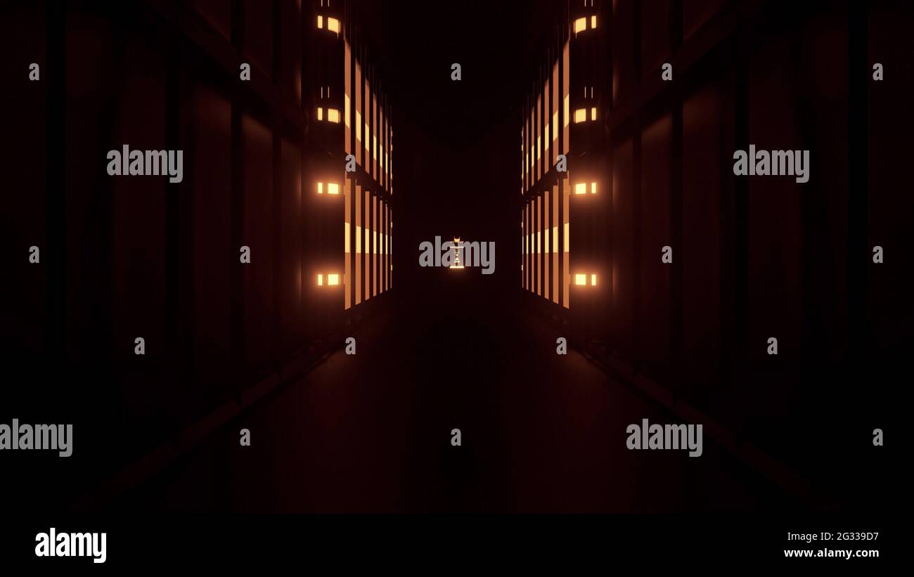 A 3D rendering of geometric shapes and brown led lights against a dark ...