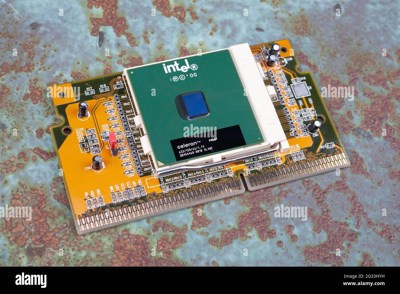 KYIV, UKRAINE - April 22, 2020. Intel Celeron 633 MHz processor unit on ...