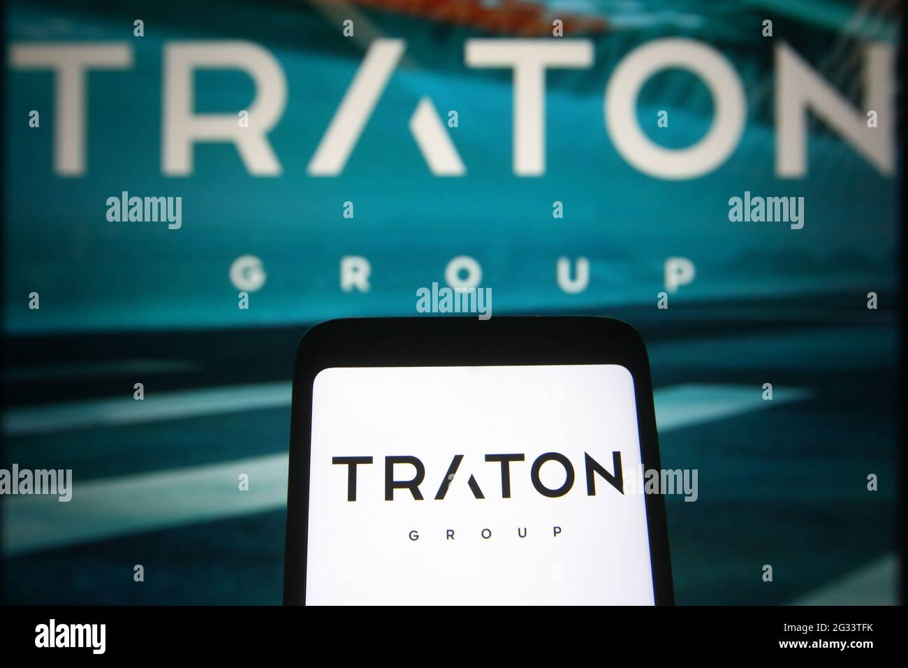 In this Photo illustration a Traton (Traton Group) logo is seen on a ...