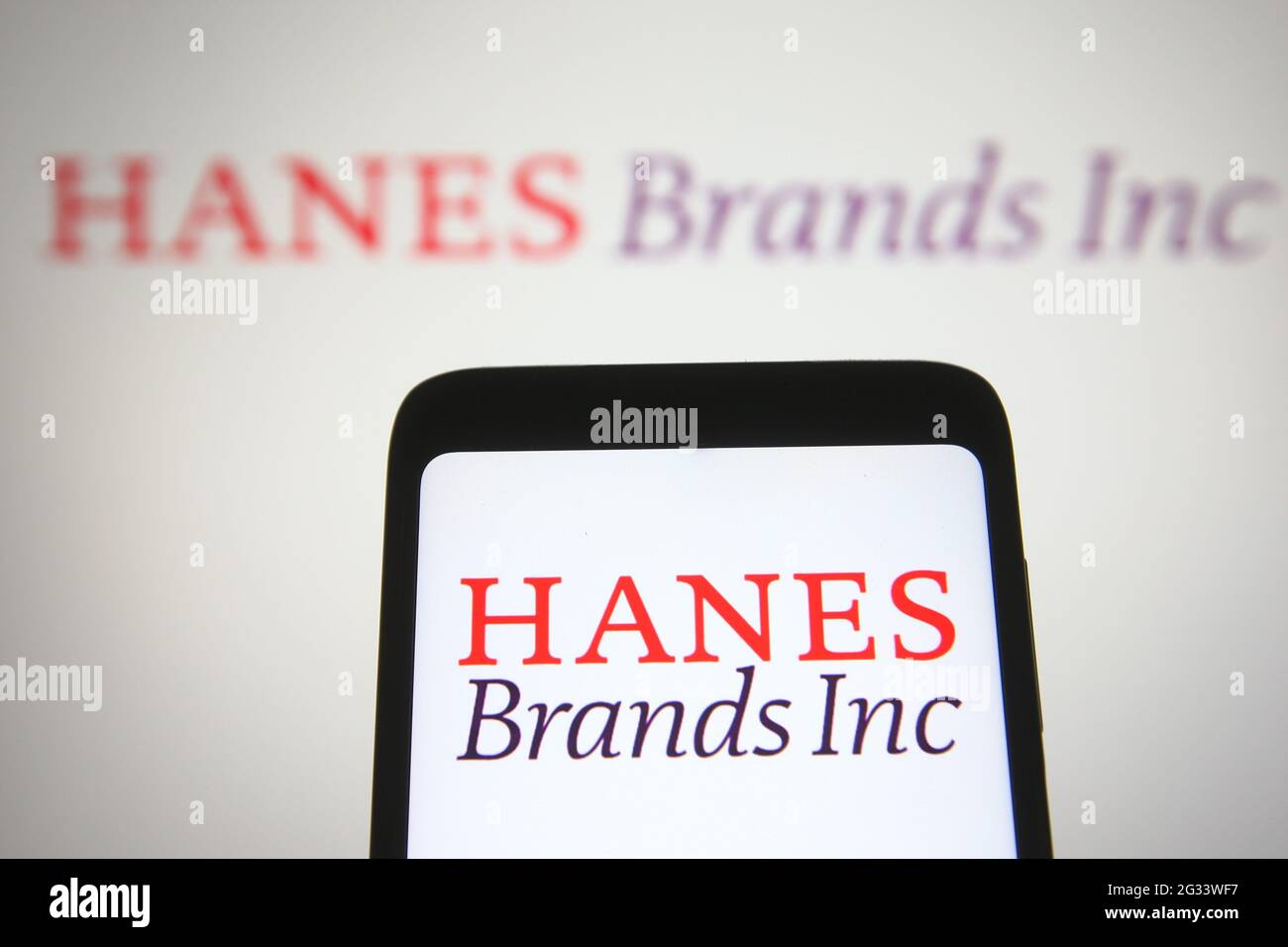 Ukraine. 13th June, 2021. In this Photo illustration a Hanesbrands logo is seen on a smartphone ...