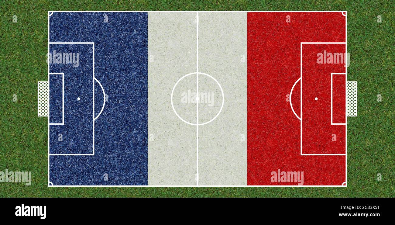 Top view of Green grass soccer field with flag of France. football ...
