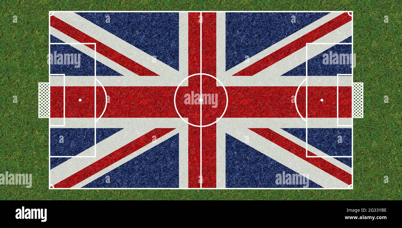 Top view of Green grass soccer field with flag of Great Britain ...