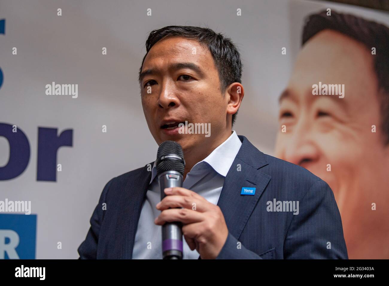 NEW YORK, NY – JUNE 13: Mayoral candidate Andrew Yang speaks at GOTV ...