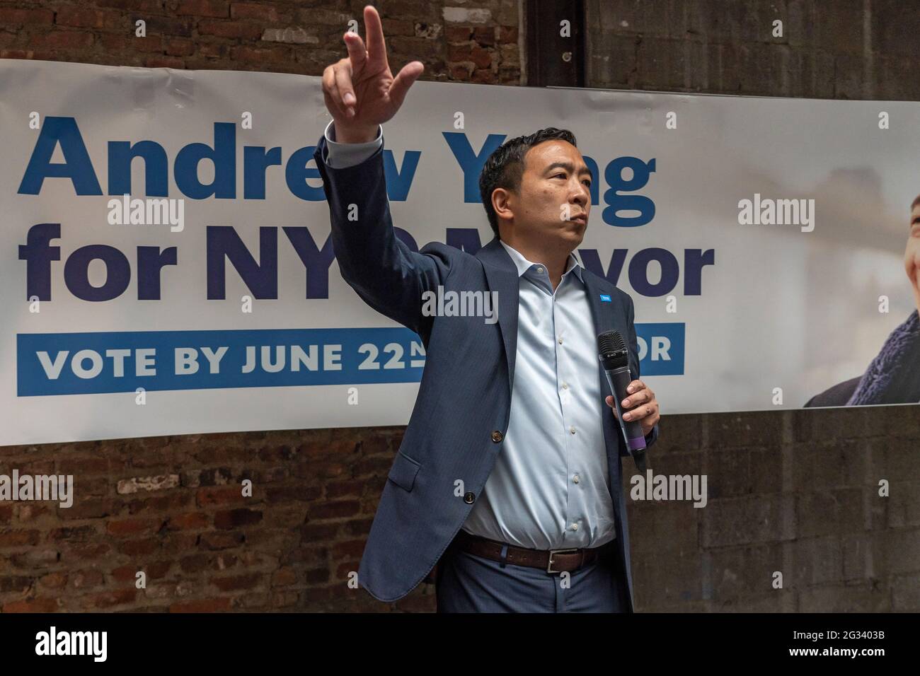NEW YORK, NY – JUNE 13: Mayoral candidate Andrew Yang speaks at GOTV ...