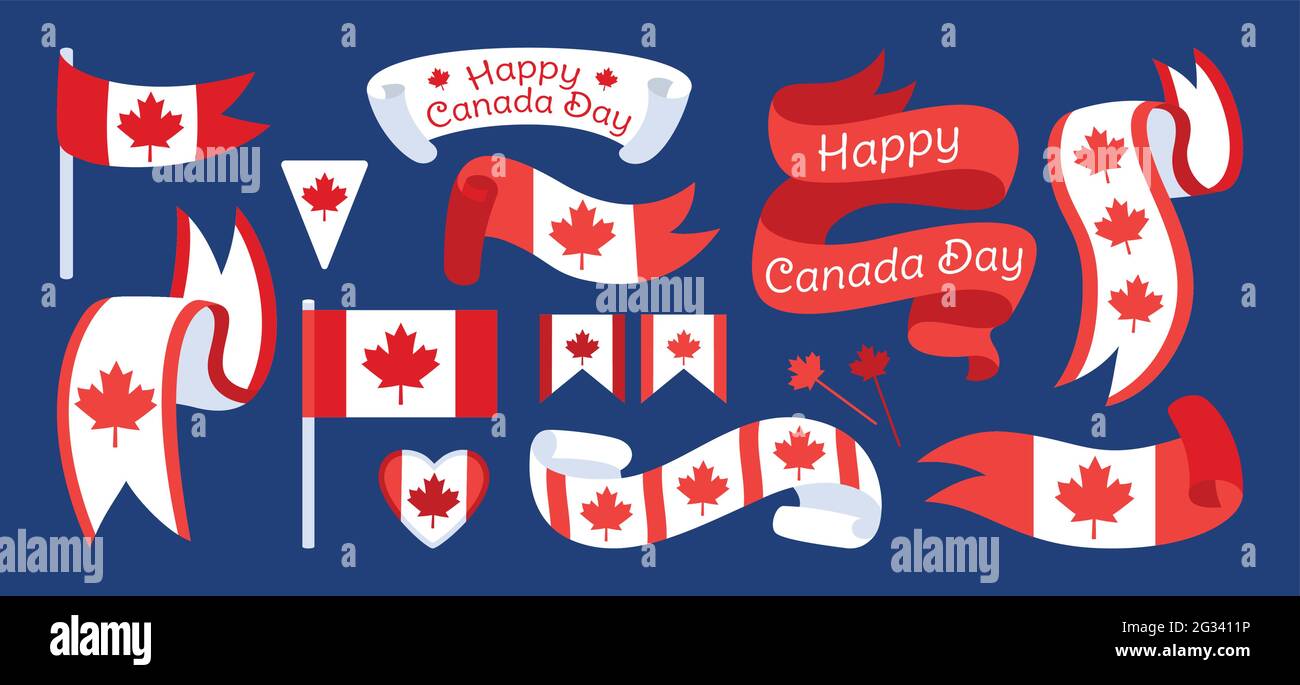 Ribbon and flag Happy Canada Day flat set. Strip tape with maple leaf ...
